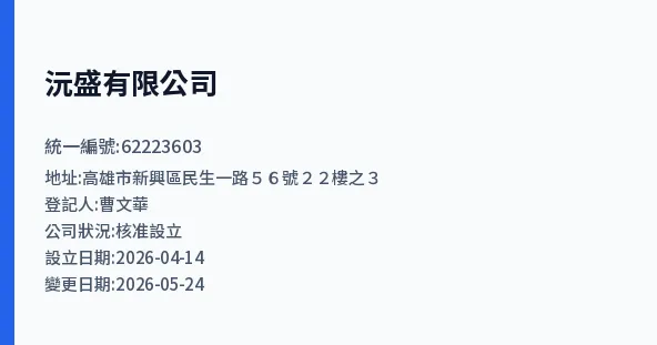 沅盛有限公司的照片-統編 62223603(高雄市) 公司登記資料與營業項目詳細圖表