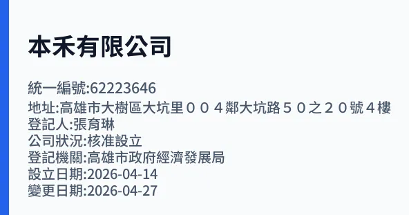 本禾有限公司的照片-統編 62223646(高雄市) 公司登記資料與營業項目詳細圖表