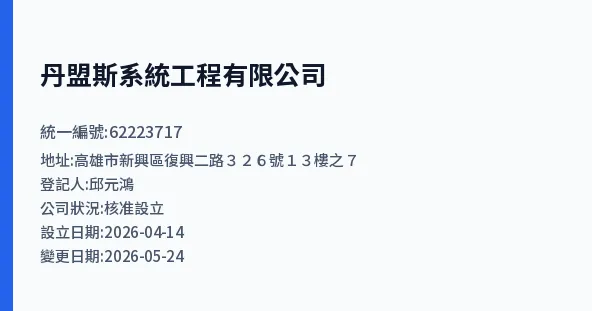 丹盟斯系統工程有限公司的照片-統編 62223717(高雄市) 公司登記資料與營業項目詳細圖表