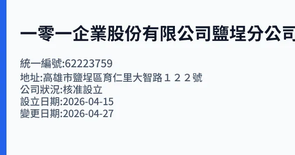 一零一企業股份有限公司鹽埕分公司的照片-統編 62223759(高雄市) 公司登記資料與營業項目詳細圖表
