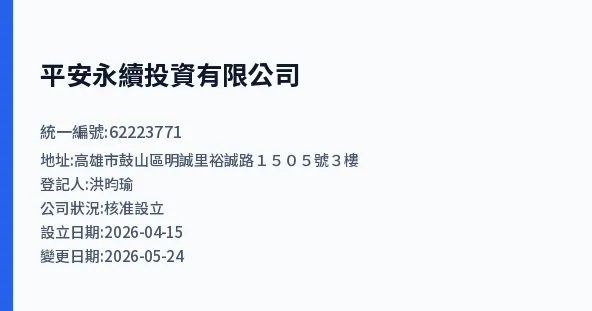 平安永續投資有限公司的照片-統編 62223771(高雄市) 公司登記資料與營業項目詳細圖表