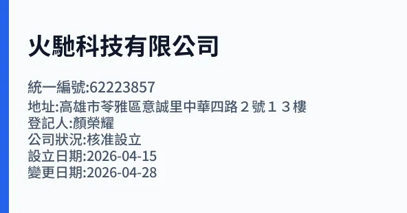 火馳科技有限公司的照片-統編 62223857(高雄市) 公司登記資料與營業項目詳細圖表