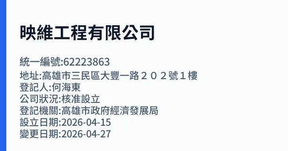 映維工程有限公司的照片-統編 62223863(高雄市) 公司登記資料與營業項目詳細圖表