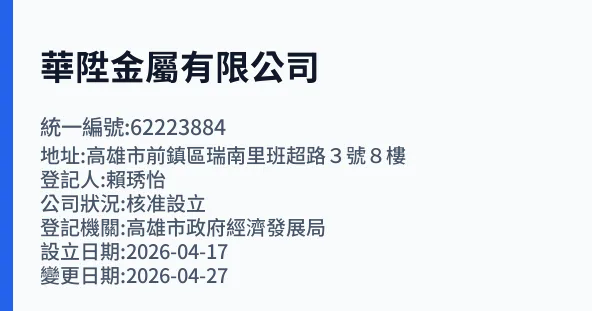 華陞金屬有限公司的照片-統編 62223884(高雄市) 公司登記資料與營業項目詳細圖表