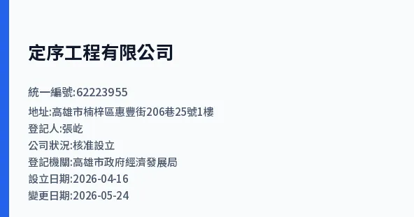 定序工程有限公司的照片-統編 62223955(高雄市) 公司登記資料與營業項目詳細圖表