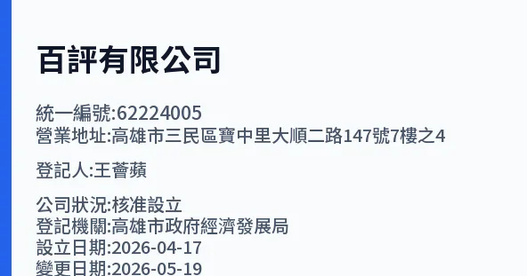 百評有限公司的照片-統編 62224005(高雄市) 公司登記資料與營業項目詳細圖表