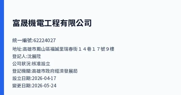 富晟機電工程有限公司的照片-統編 62224027(高雄市) 公司登記資料與營業項目詳細圖表
