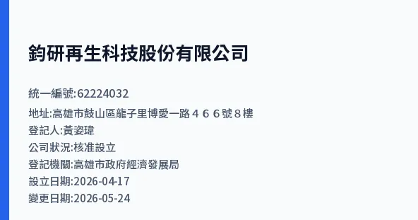 鈞研再生科技股份有限公司的照片-統編 62224032(高雄市) 公司登記資料與營業項目詳細圖表