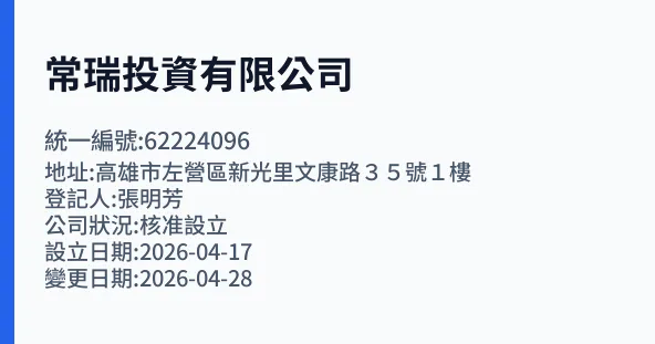常瑞投資有限公司的照片-統編 62224096(高雄市) 公司登記資料與營業項目詳細圖表