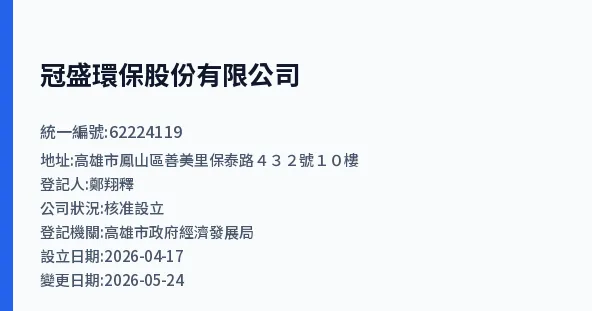 冠盛環保股份有限公司的照片-統編 62224119(高雄市) 公司登記資料與營業項目詳細圖表