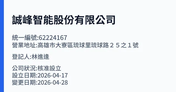 誠峰智能股份有限公司的照片-統編 62224167(高雄市) 公司登記資料與營業項目詳細圖表