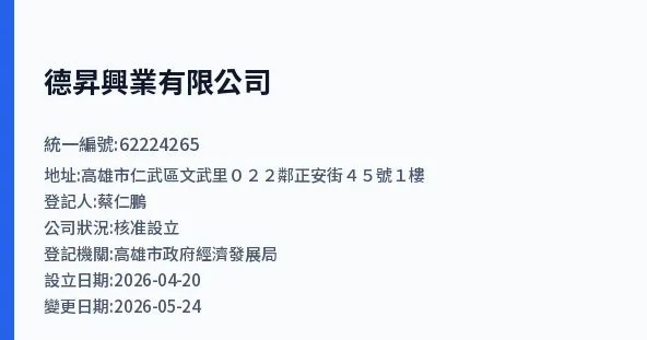 德昇興業有限公司的照片-統編 62224265(高雄市) 公司登記資料與營業項目詳細圖表