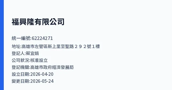 福興隆有限公司的照片-統編 62224271(高雄市) 公司登記資料與營業項目詳細圖表