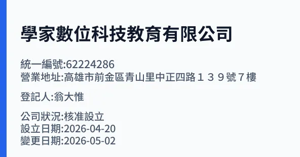 學家數位科技教育有限公司的照片-統編 62224286(高雄市) 公司登記資料與營業項目詳細圖表