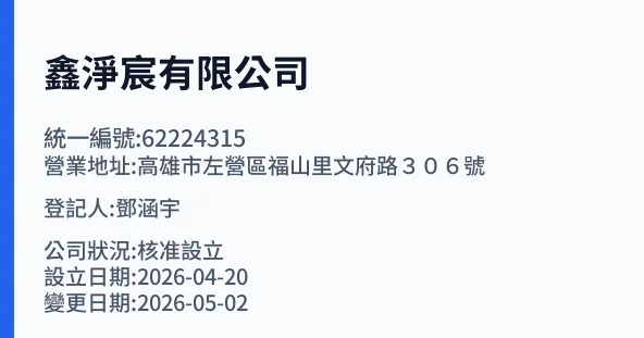 鑫淨宸有限公司的照片-統編 62224315(高雄市) 公司登記資料與營業項目詳細圖表