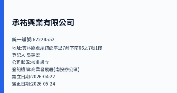 承祐興業有限公司的照片-統編 62224552(雲林縣) 公司登記資料與營業項目詳細圖表