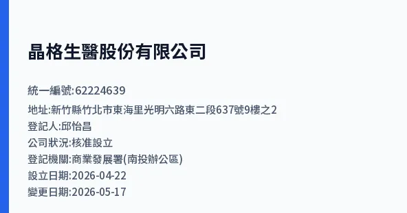 晶格生醫股份有限公司的照片-統編 62224639(新竹縣) 公司登記資料與營業項目詳細圖表