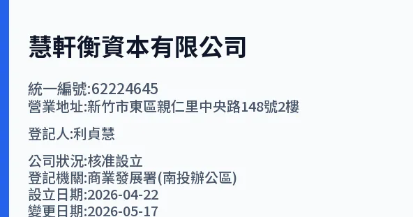 慧軒衡資本有限公司的照片-統編 62224645(新竹市) 公司登記資料與營業項目詳細圖表