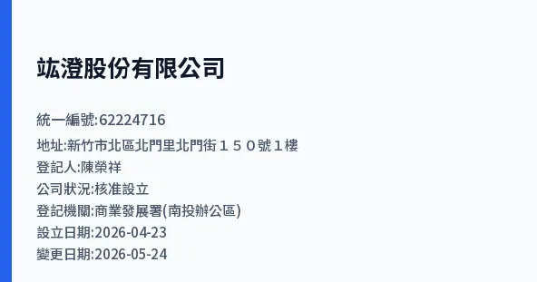 竑澄股份有限公司的照片-統編 62224716(新竹市) 公司登記資料與營業項目詳細圖表