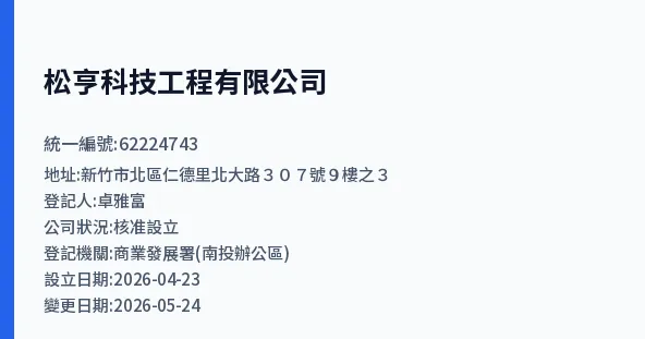 松亨科技工程有限公司的照片-統編 62224743(新竹市) 公司登記資料與營業項目詳細圖表
