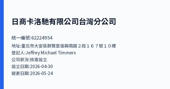 日商卡洛馳有限公司台灣分公司的照片-統編 62224954(臺北市) 公司登記資料與營業項目詳細圖表