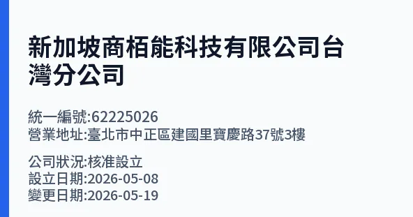 新加坡商栢能科技有限公司台灣分公司的照片-統編 62225026(臺北市) 公司登記資料與營業項目詳細圖表