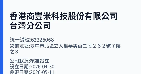 香港商豐米科技股份有限公司台灣分公司的照片-統編 62225068(臺中市) 公司登記資料與營業項目詳細圖表