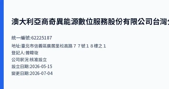 澳大利亞商奇異能源數位服務股份有限公司台灣分公司的照片-統編 62225187(臺北市) 公司登記資料與營業項目詳細圖表