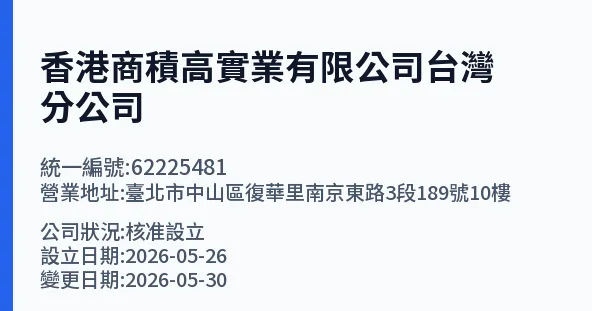 香港商積高實業有限公司台灣分公司的照片-統編 62225481(臺北市) 公司登記資料與營業項目詳細圖表