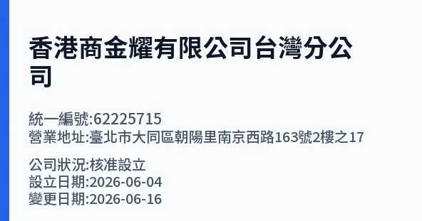香港商金耀有限公司台灣分公司的照片-統編 62225715(臺北市) 公司登記資料與營業項目詳細圖表
