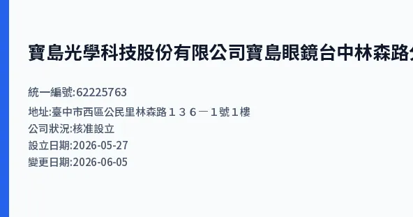 寶島光學科技股份有限公司寶島眼鏡台中林森路分公司的照片-統編 62225763(臺中市) 公司登記資料與營業項目詳細圖表