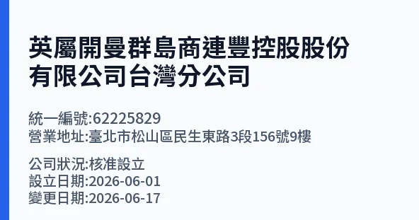 英屬開曼群島商連豐控股股份有限公司台灣分公司的照片-統編 62225829(臺北市) 公司登記資料與營業項目詳細圖表