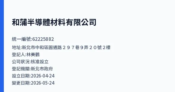 和蒲半導體材料有限公司的照片-統編 62225882(新北市) 公司登記資料與營業項目詳細圖表