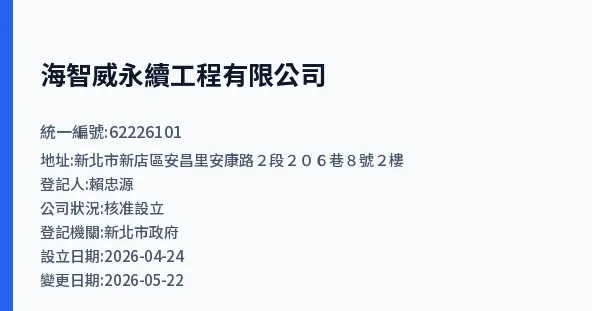海智威永續工程有限公司的照片-統編 62226101(新北市) 公司登記資料與營業項目詳細圖表