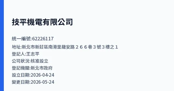 技平機電有限公司的照片-統編 62226117(新北市) 公司登記資料與營業項目詳細圖表