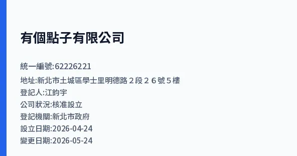 有個點子有限公司的照片-統編 62226221(新北市) 公司登記資料與營業項目詳細圖表