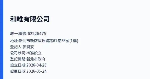 和唯有限公司的照片-統編 62226475(新北市) 公司登記資料與營業項目詳細圖表