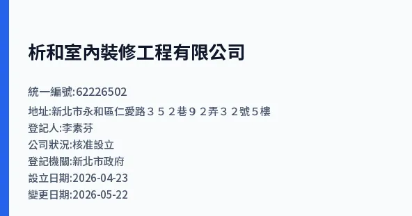 析和室內裝修工程有限公司的照片-統編 62226502(新北市) 公司登記資料與營業項目詳細圖表