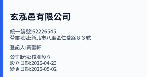 玄泓邑有限公司的照片-統編 62226545(新北市) 公司登記資料與營業項目詳細圖表