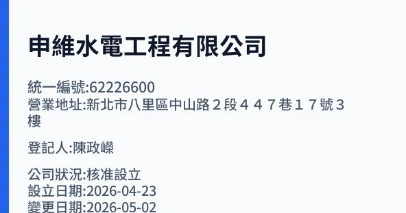 申維水電工程有限公司的照片-統編 62226600(新北市) 公司登記資料與營業項目詳細圖表