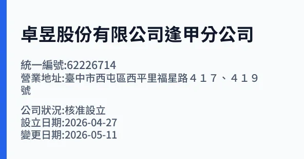卓昱股份有限公司逢甲分公司的照片-統編 62226714(臺中市) 公司登記資料與營業項目詳細圖表