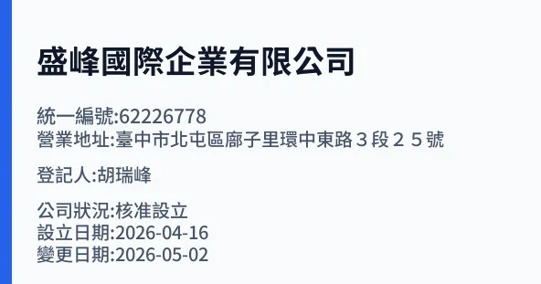盛峰國際企業有限公司的照片-統編 62226778(臺中市) 公司登記資料與營業項目詳細圖表