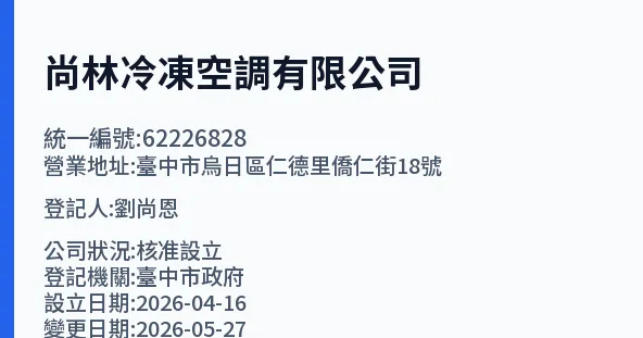尚林冷凍空調有限公司的照片-統編 62226828(臺中市) 公司登記資料與營業項目詳細圖表