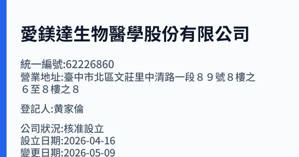 愛鎂達生物醫學股份有限公司的照片-統編 62226860(臺中市) 公司登記資料與營業項目詳細圖表