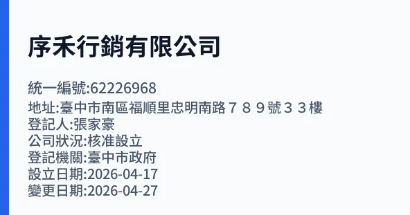 序禾行銷有限公司的照片-統編 62226968(臺中市) 公司登記資料與營業項目詳細圖表