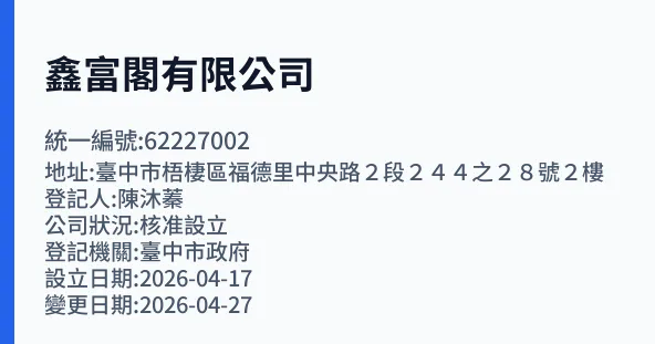鑫富閣有限公司的照片-統編 62227002(臺中市) 公司登記資料與營業項目詳細圖表