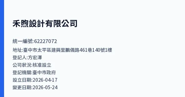 禾煦設計有限公司的照片-統編 62227072(臺中市) 公司登記資料與營業項目詳細圖表
