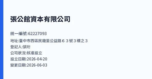 張公館資本有限公司的照片-統編 62227093 公司登記資料與營業項目詳細圖表