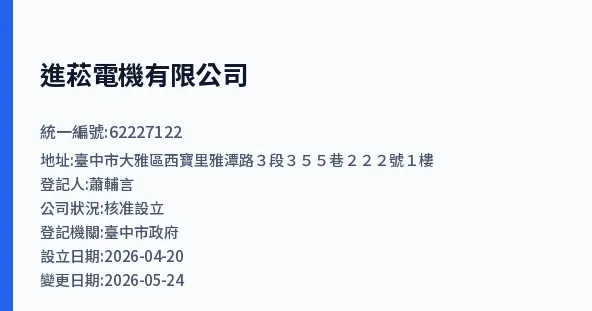 進菘電機有限公司的照片-統編 62227122(臺中市) 公司登記資料與營業項目詳細圖表