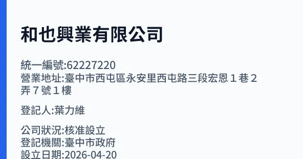 和也興業有限公司的照片-統編 62227220(臺中市) 公司登記資料與營業項目詳細圖表